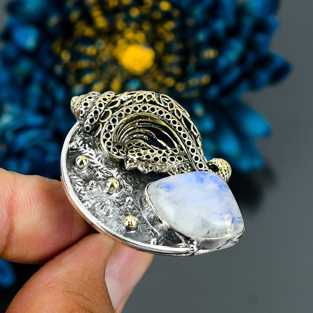Elegant Rainbow Moonstone Conch Shell Ring White Statement - Etsy
