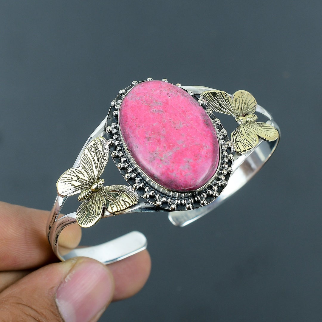 Thulite Cuff Bracelet 925 Sterling Silver Adjustable Bangle 18K Gold ...