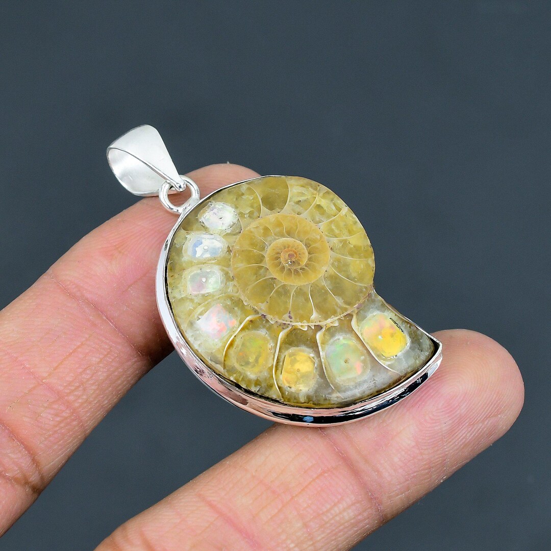 Ethiopian Opal Ammonite Fossil Pendant: Handmade 925 Sterling Silver ...