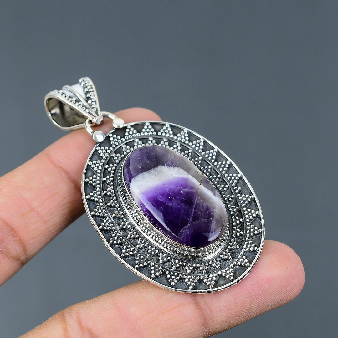 Chevron Amethyst Pendant 925 Sterling Silver Pendant Vintage Pendant ...