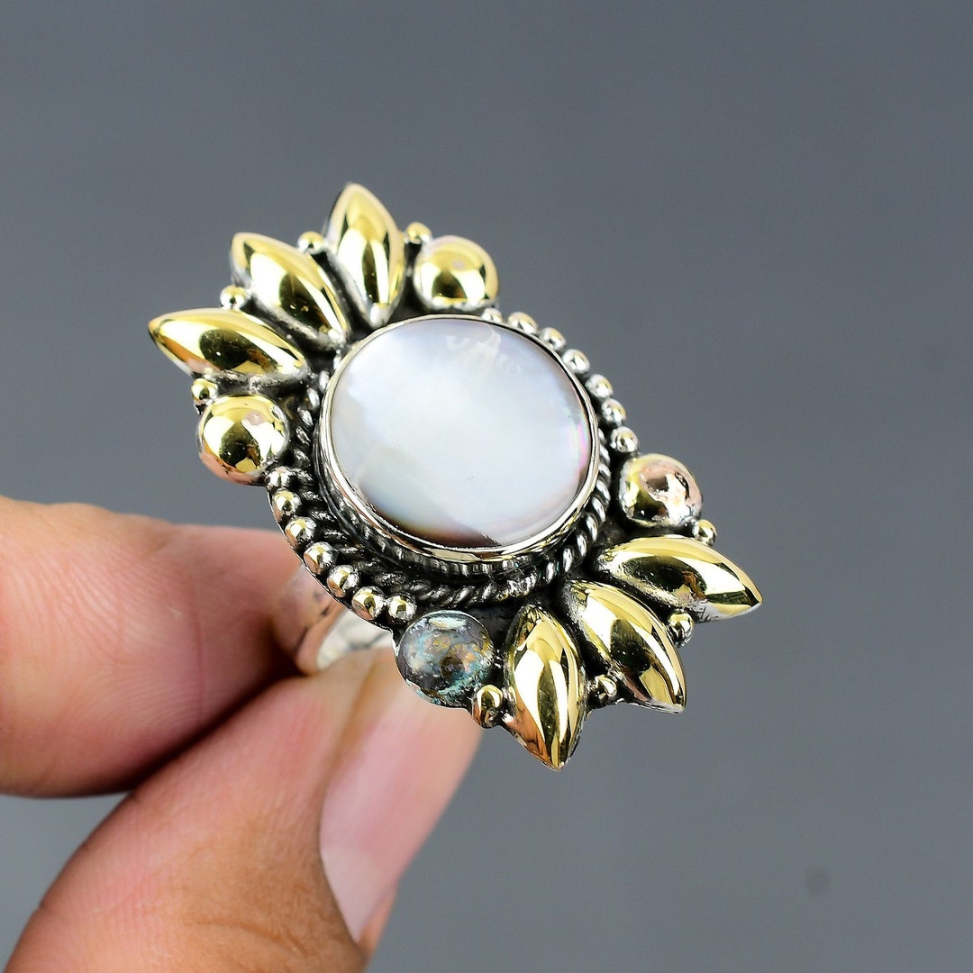 Rare Mother of Pearl Ring, 18K Gold Plated Gemstone Ring, Black Multi Stone Adjustable Ring, 925 ...
