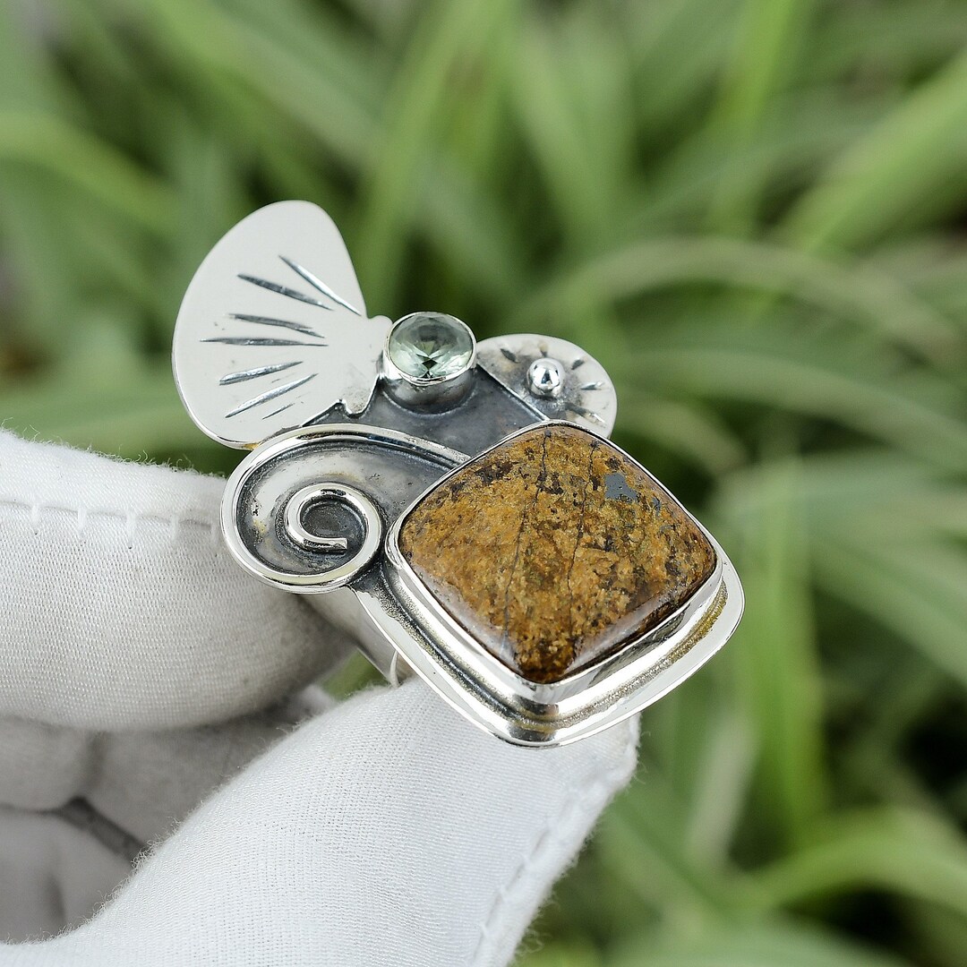 Handmade Bronzite & Swiss Blue Topaz Ring: 925 Sterling Silver, Size 6. ...