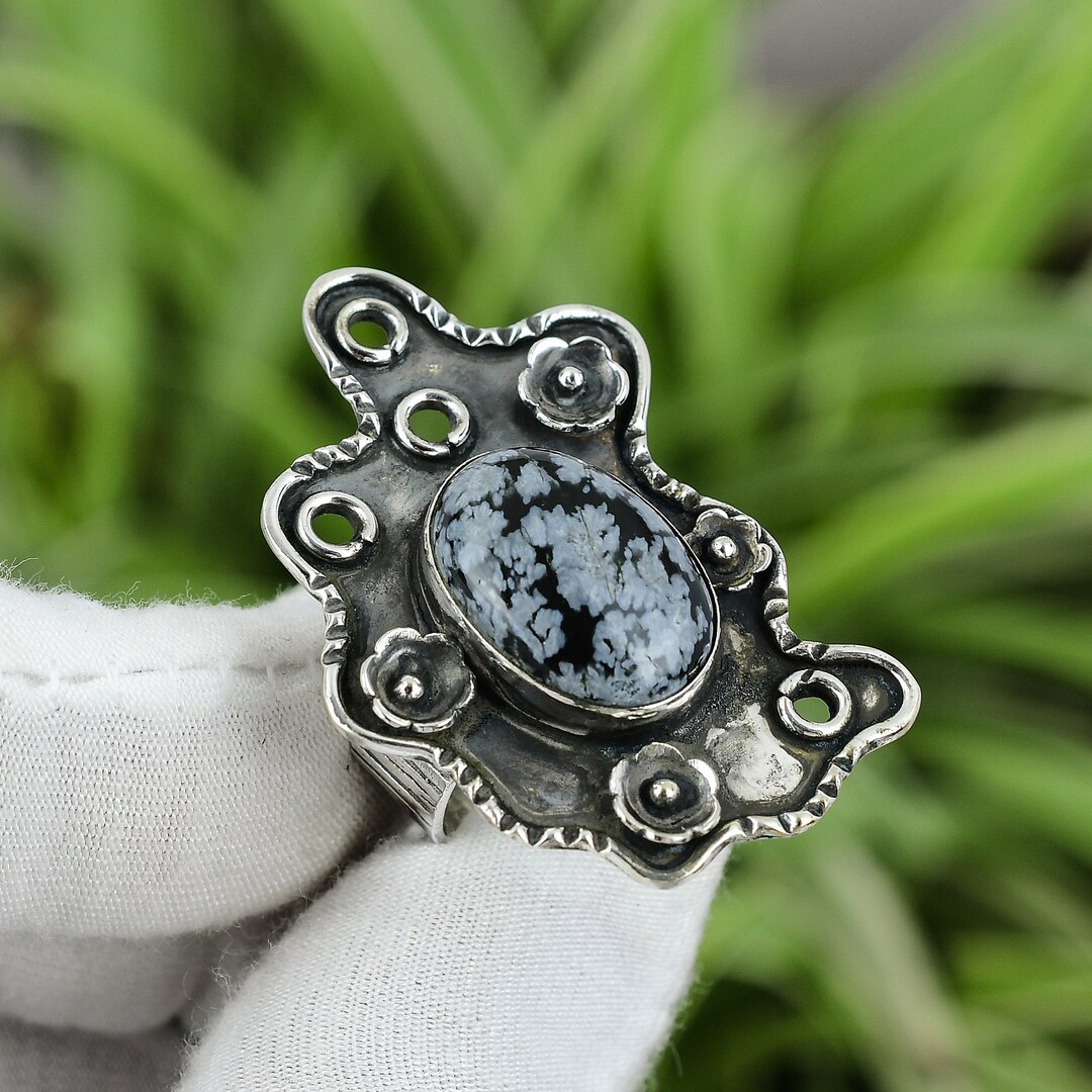 Handmade Snowflake Obsidian Ring: Sterling Silver Floral Design, Size 8 ...