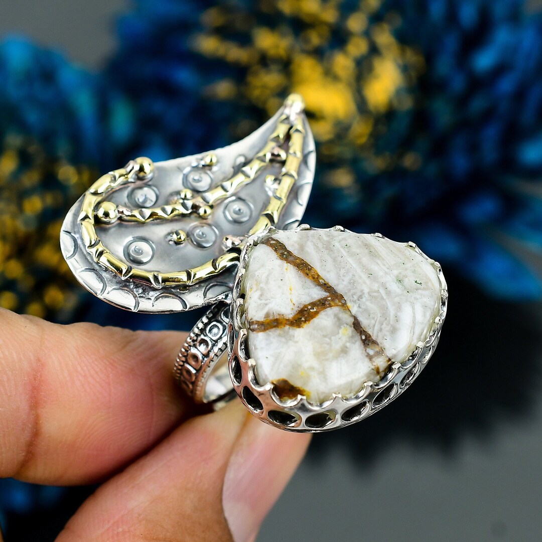 Rare Wild Horse Magnesite Ring, 18K Gold Plated Gemstone Ring, White ...