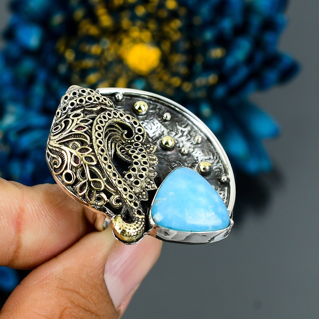Rare Smithsonite Conch Shell Ring, 18K Gold Plated Gemstone Ring, Blue ...