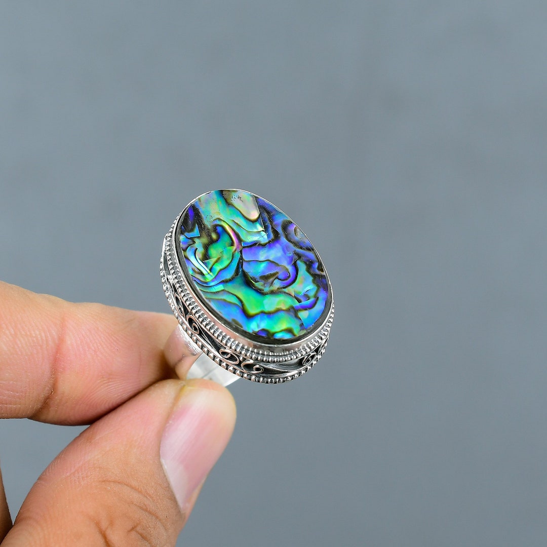 Abalone Shell Ring: Handmade 925 Sterling Silver Adjustable Gemstone ...