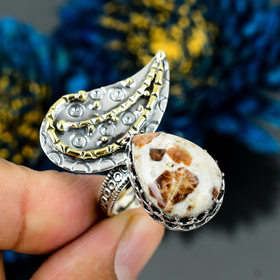 Rare Spessartine Garnet in Limestone Ring, White Stackable Adjustable ...