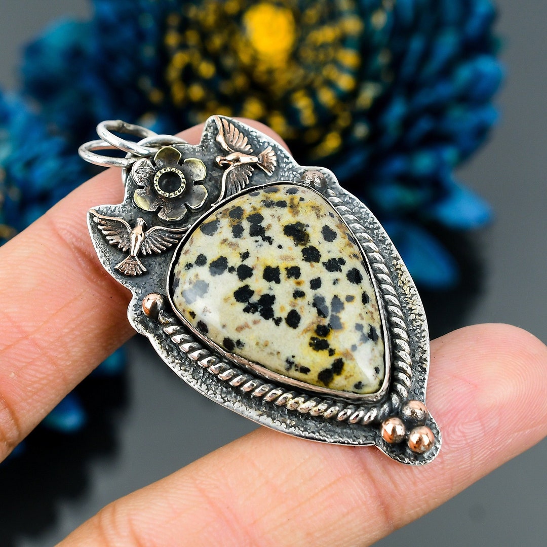 Elegant Dalmation Jasper Rose Gold Plated Flower Pendant, White Pendant ...