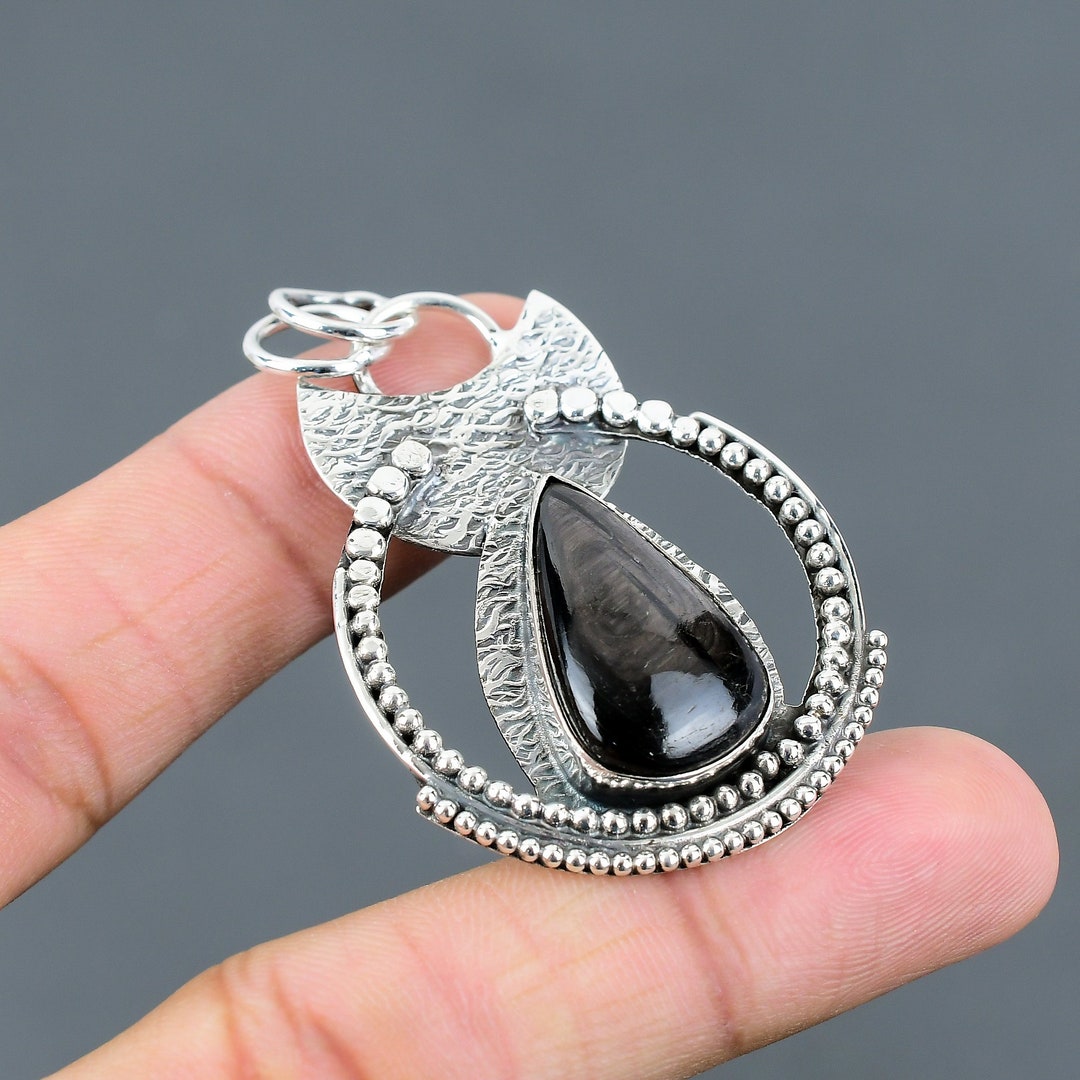 Handmade Hypersthene Pendant: Pear Gemstone, 925 Sterling Silver Boho ...
