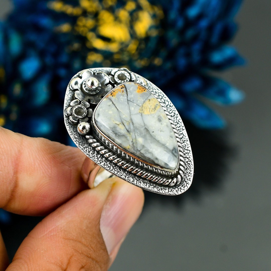 Elegant Maligano Jasper Ring, 18K Gold Plated Gemstone Ring, Gray Multi Stone Adjustable Ring ...