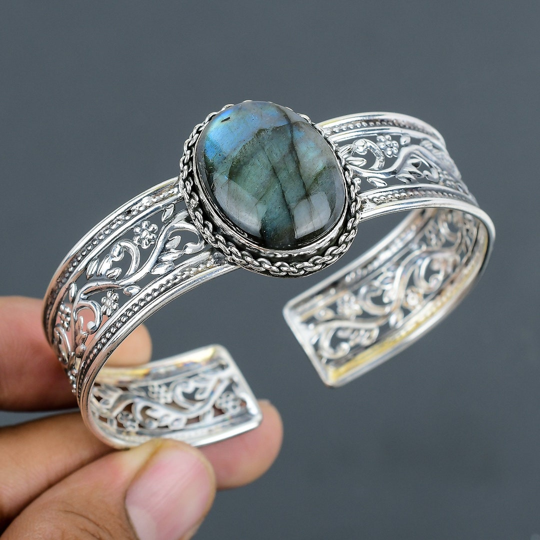 Handmade Labradorite Cuff Bracelet: Adjustable 925 Sterling Silver ...