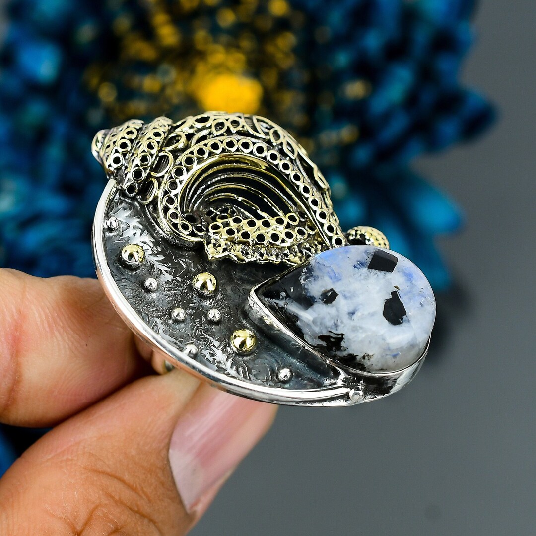 100% Genuine Rainbow Moonstone Conch Shell Ring, White Multi Stone ...