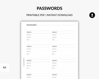 A4 US Letter Password Tracker Printable Fillable. - Etsy