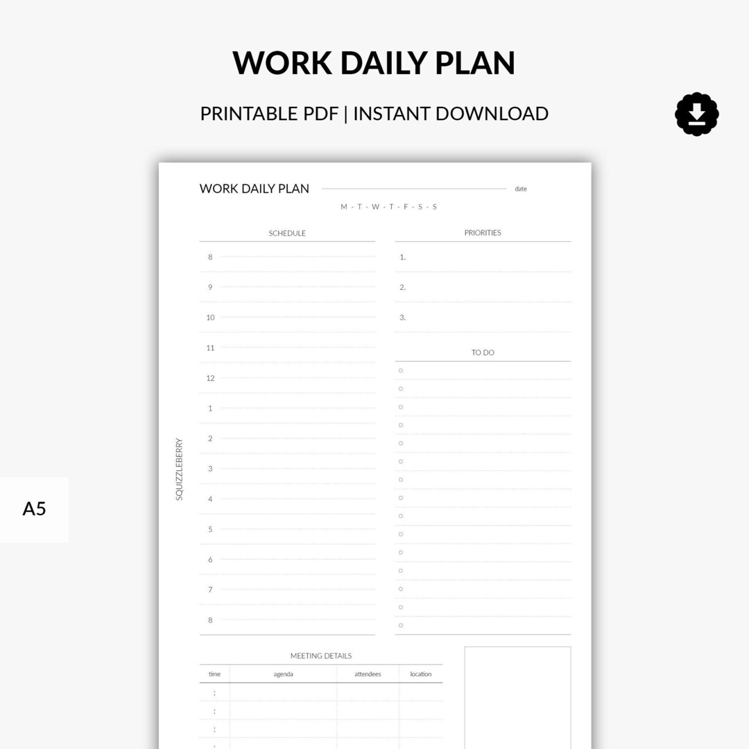 Work Daily Planner Printable, Work Planner, Work Day Planner With ...