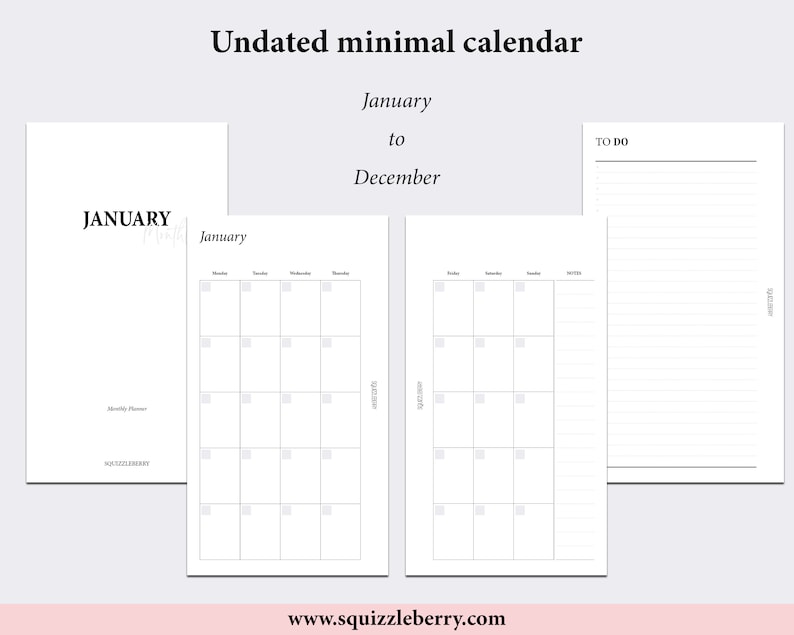 PRINTED Month on Two Pages Undated Calendar, Month at a Glance, Month ...
