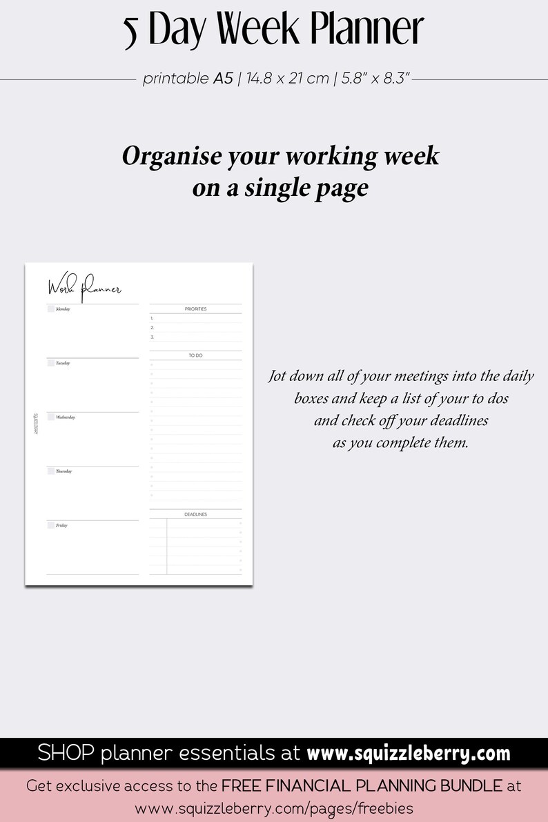 5 Day Week Planner Printable Work Planner Work Day Planner | Etsy