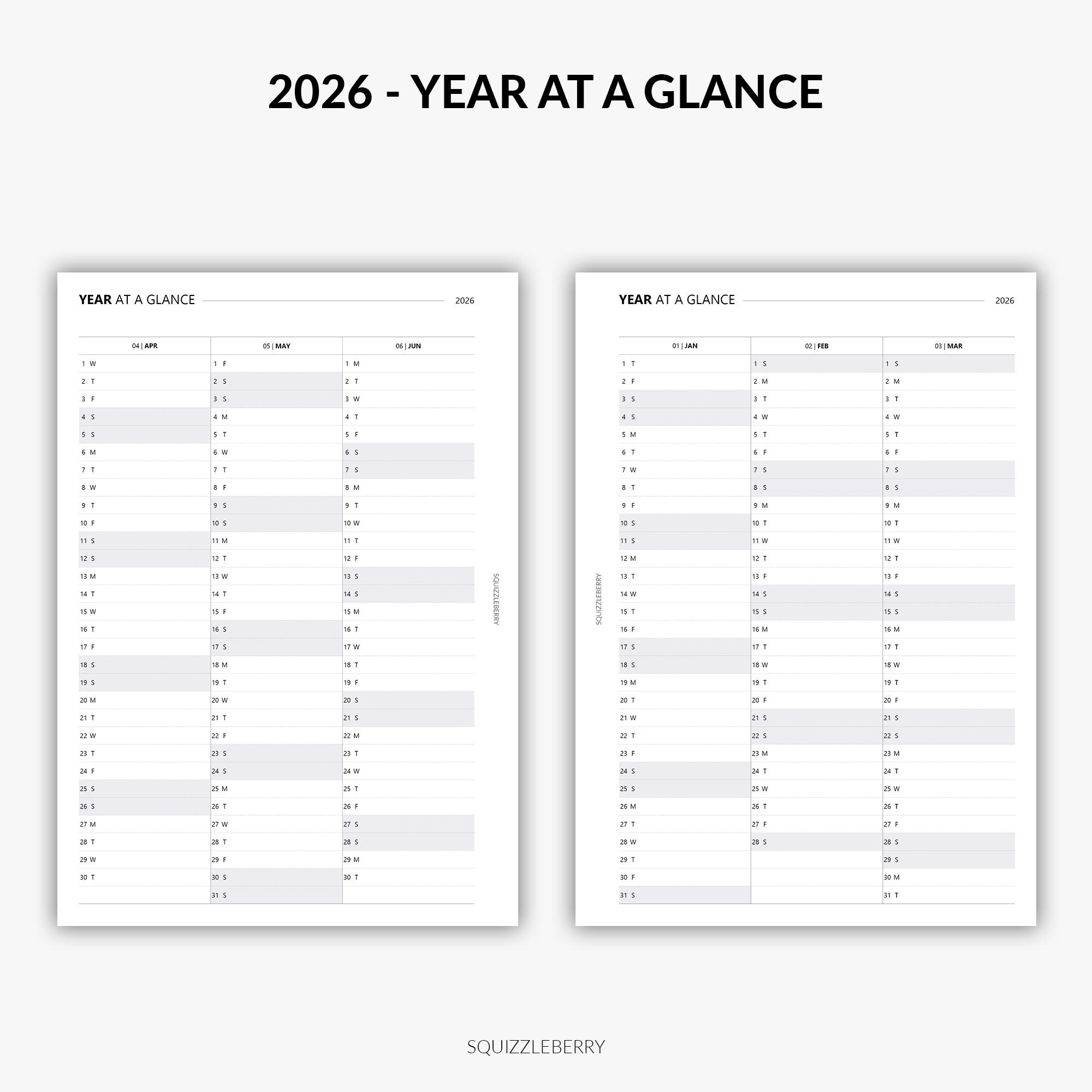 2026 Year at a Glance Printable, Year Calendar on Two Pages, Yearly ...