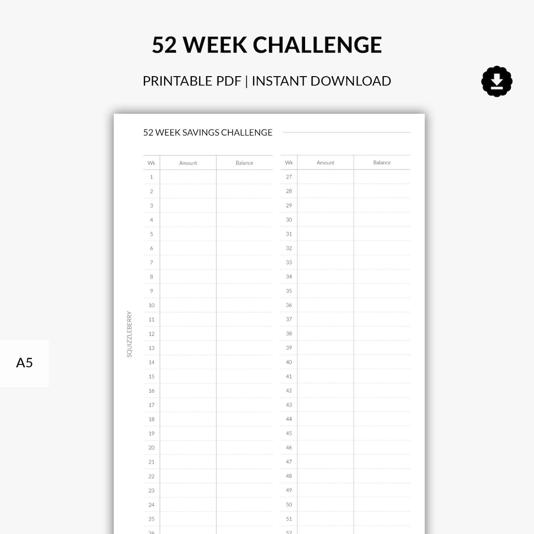 52 Week Challenge Planner Printable, Savings Challenge, Savings Chart ...