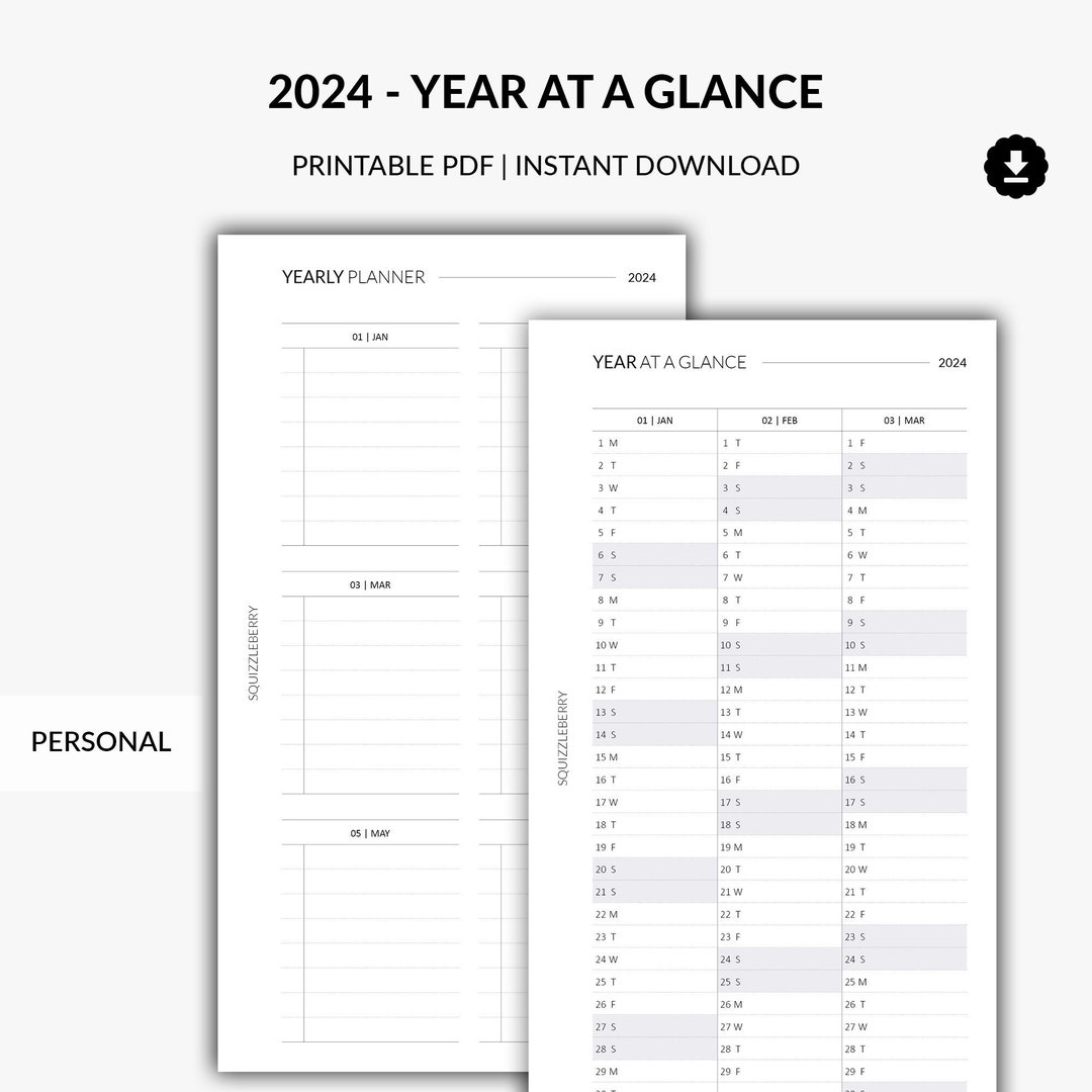 Printable 2024 Year at a Glance, Year Calendar on Two Pages, Yearly ...