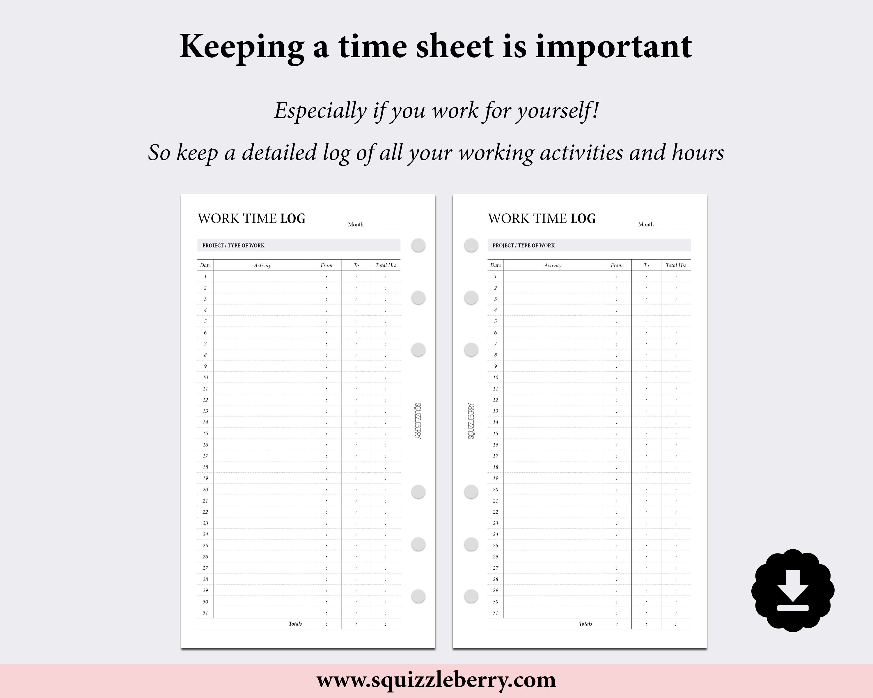 Working Hours Insert Planner Printable Time in and Out - Etsy