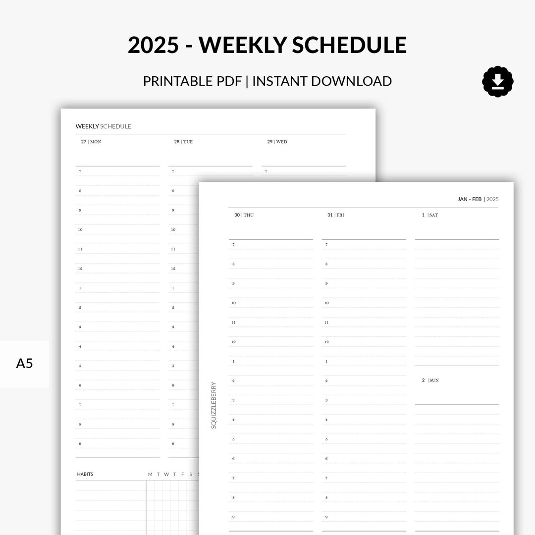 2025 Weekly Schedule Planner Printable, Week on 2 Pages, Week at a ...