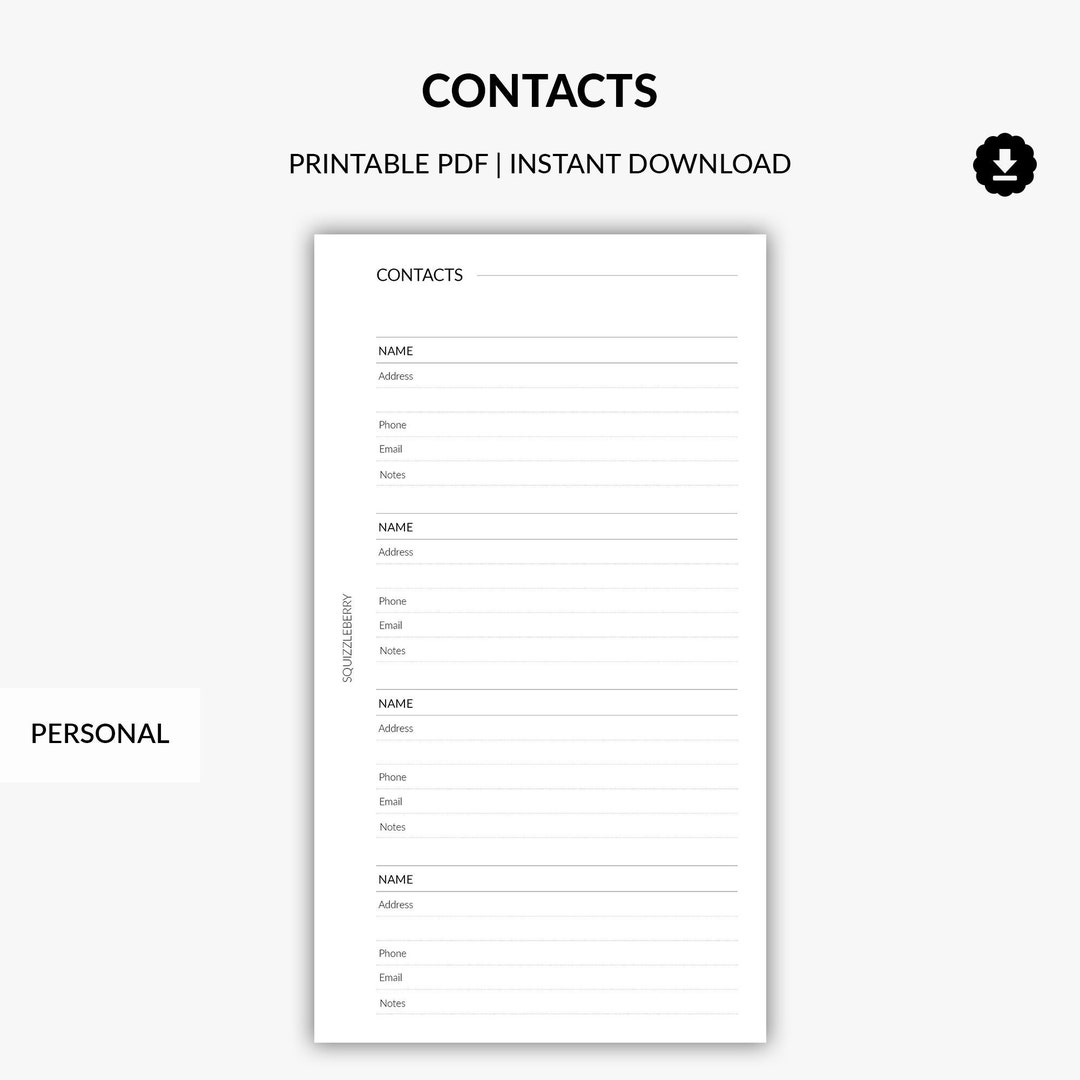 Contacts List Planner Printable, Business Contacts, Address Book Page ...
