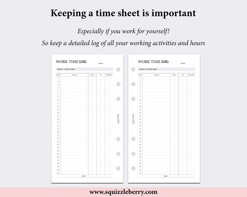 PRINTED Working Hours Insert Time in and out Timesheet | Etsy