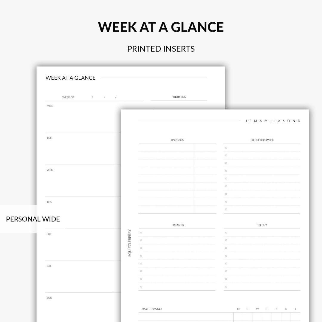 PRINTED Week at a Glance in Personal Wide Size, Weekly Planner, Weekly ...