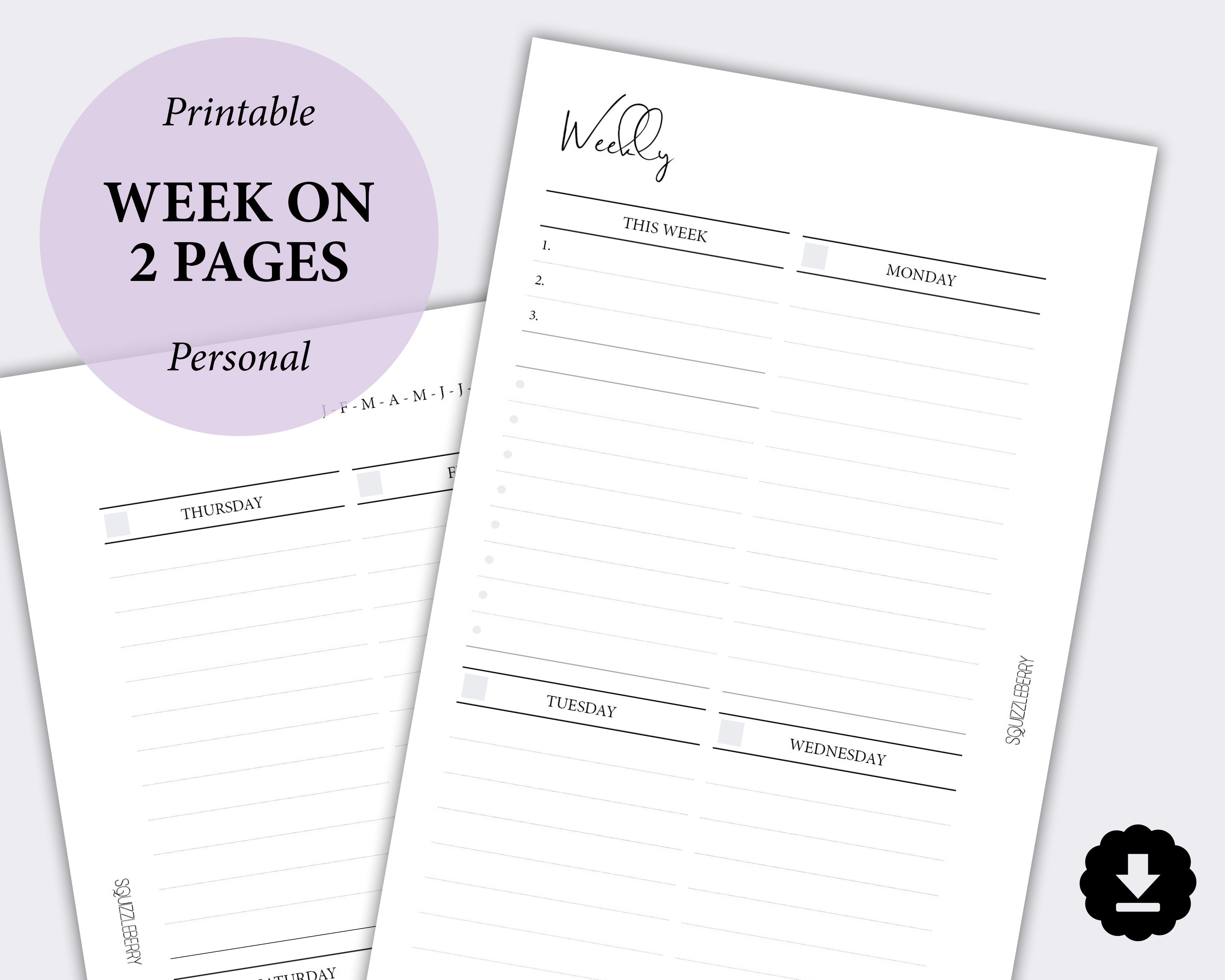 Week on 2 Pages Planner Printable Undated Calendar Weekly | Etsy