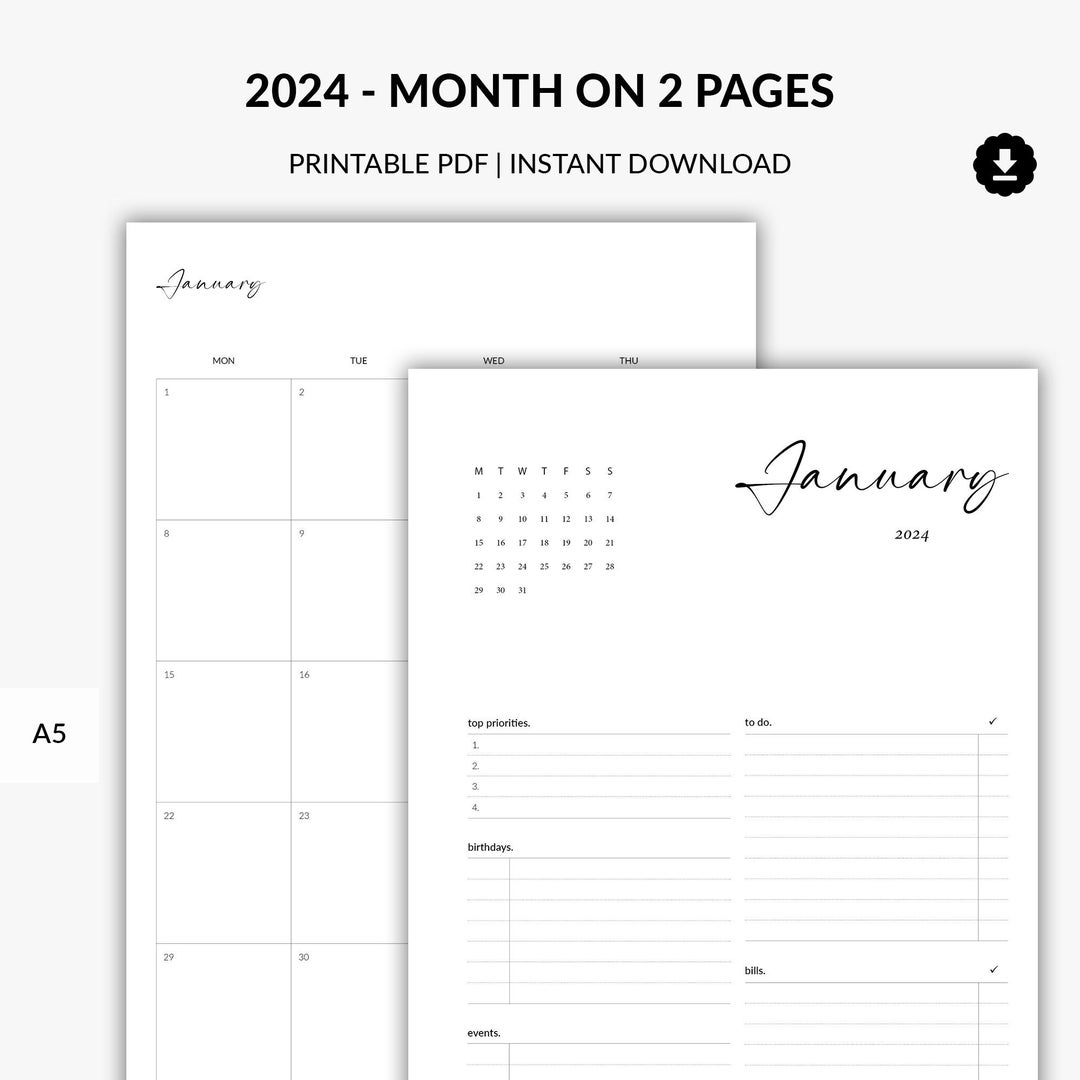 Printable 2024 Month on 2 Pages, Mo2p, Monthly Planner, Monthly ...