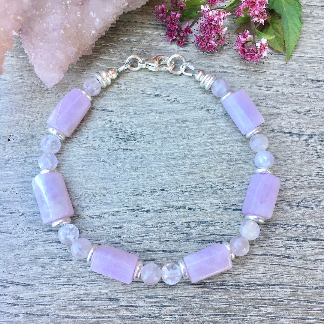 VIOLET KUNZITE BRACELET With Silver, Clasp Beaded, Natural Stone ...