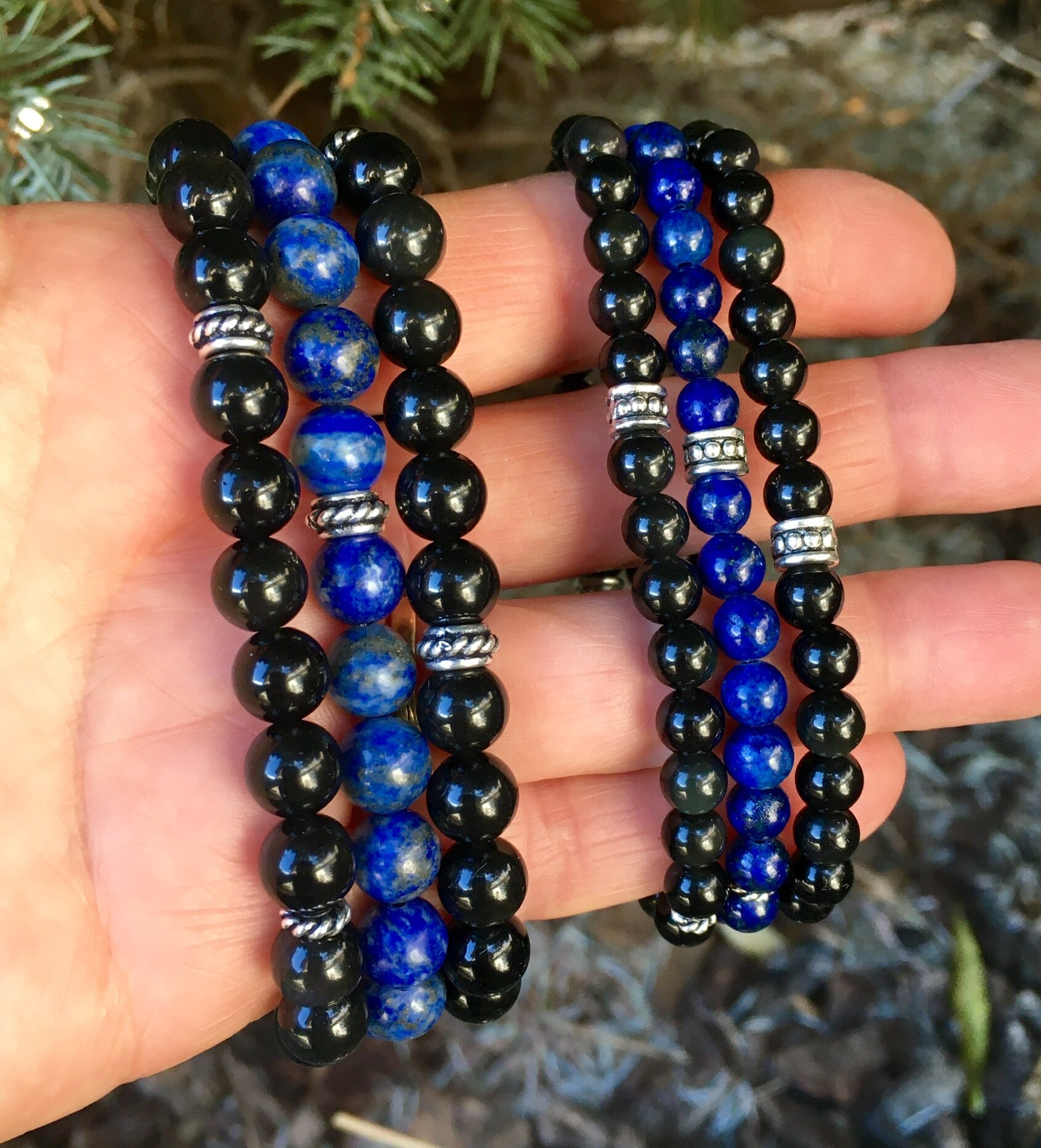 THIN BLUE LINE Stone Bracelet Stack Black Obsidian & Lapis | Etsy