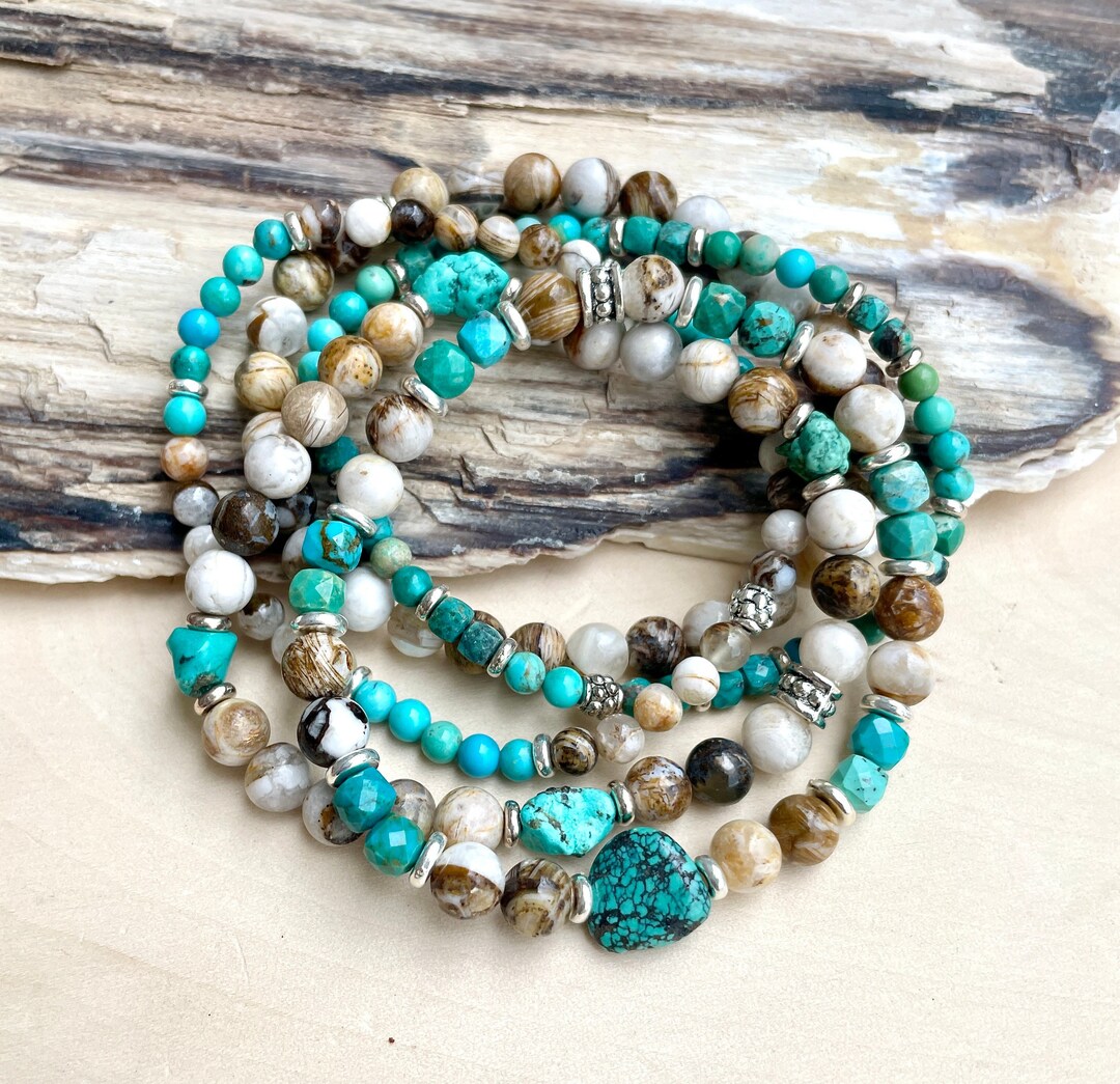 TURQUOISE & OPALIZED PETRIFIED Wood Bracelet, Choice, Single or Stack ...