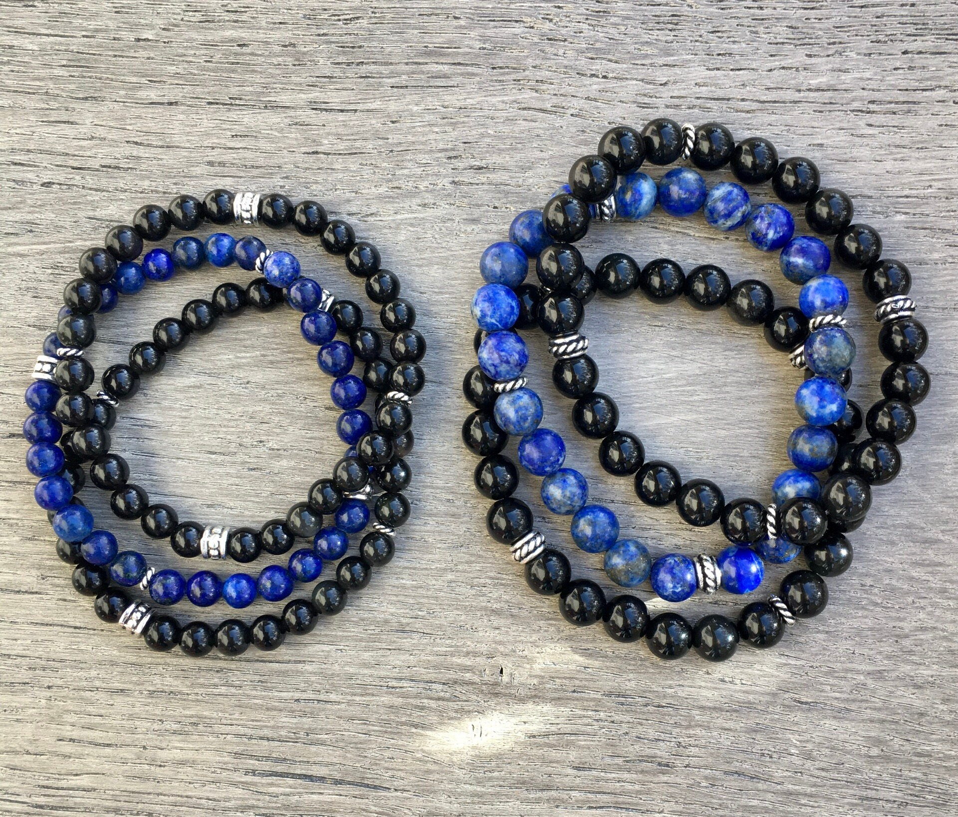 THIN BLUE LINE Stone Bracelet Stack Black Obsidian & Lapis - Etsy