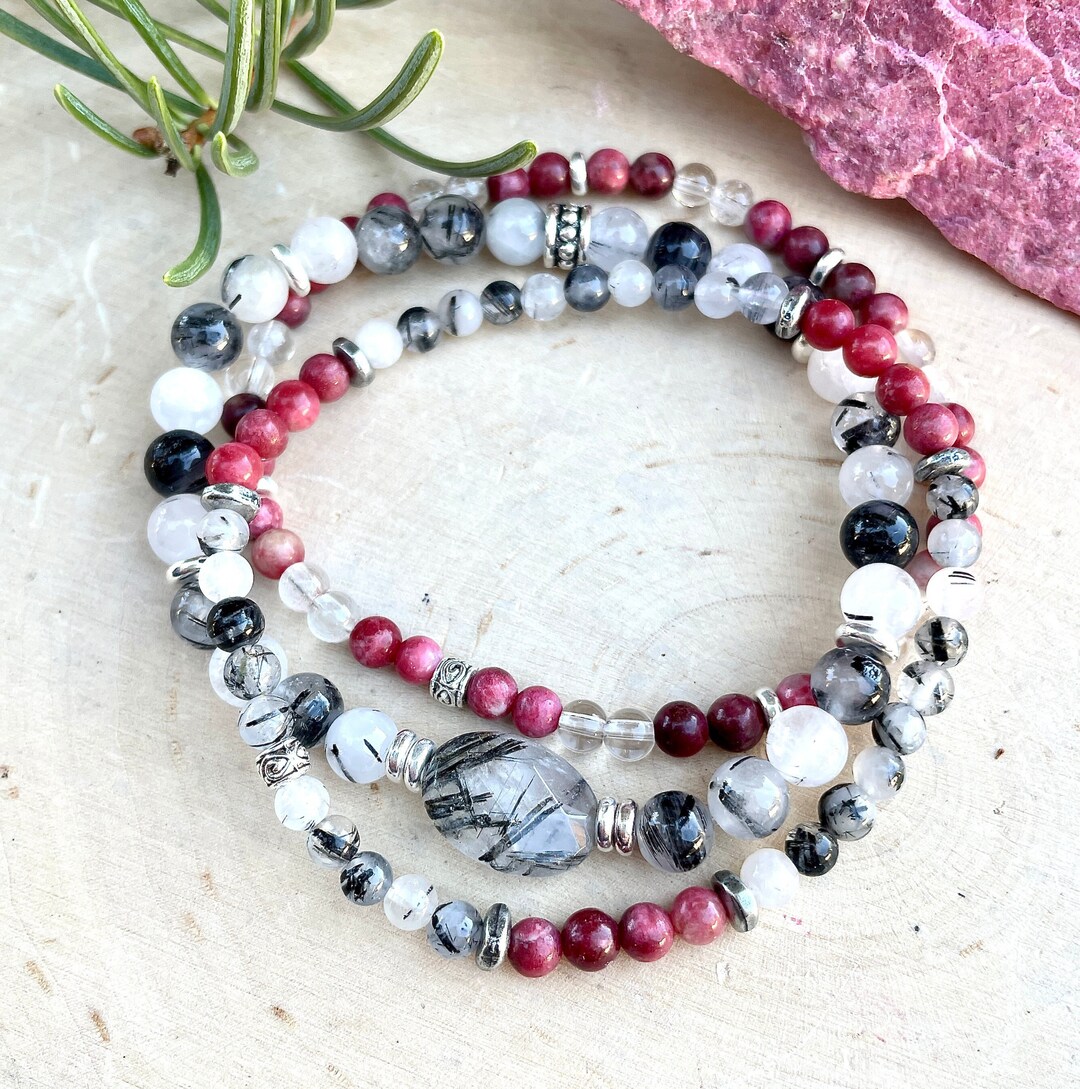 THULITE, BLACK RUTILE & Clear Quartz Bracelet, Choice, Natural Norway ...