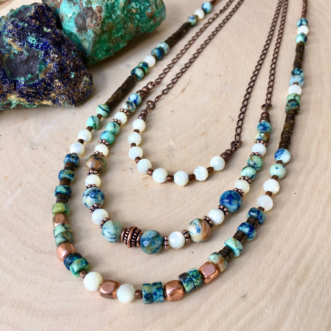 AZURITE CHRYSOCOLLA NECKLACE With Mother of Pearl, Bronzite & Copper ...