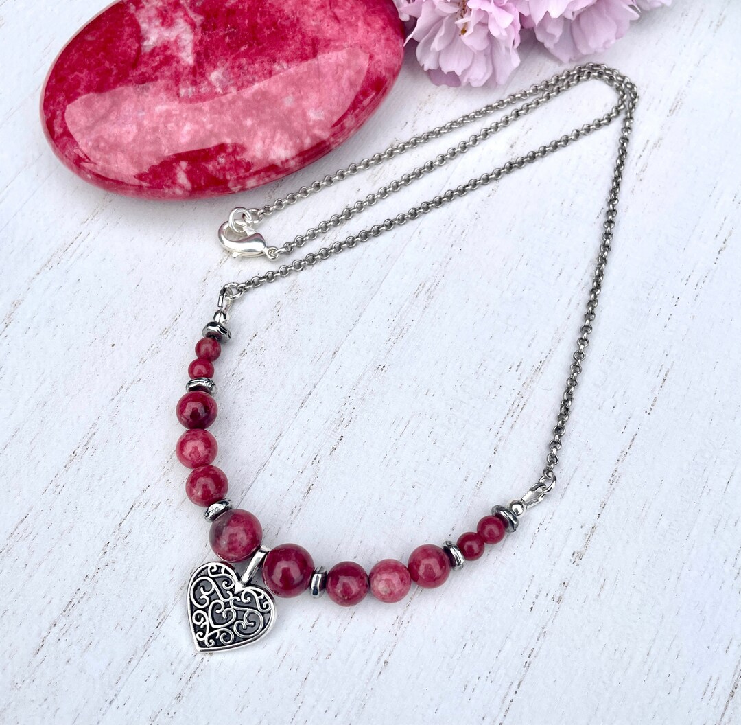 NORWEGIAN THULITE HEART Necklace, Oxidized Silver Chain, 15", 16", 18 ...