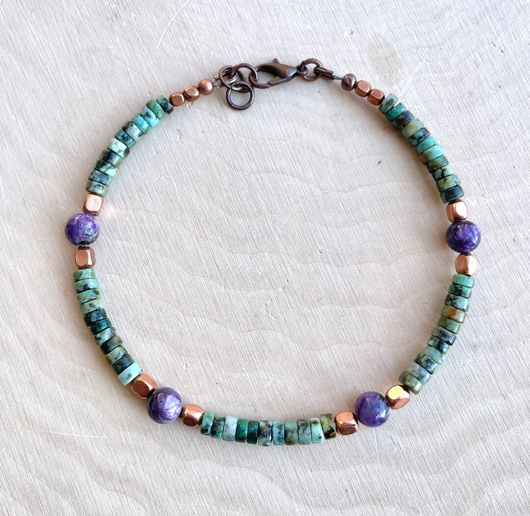 CHAROITE & African Turquoise ANKLET or BRACELET, Adjustable, Beaded ...