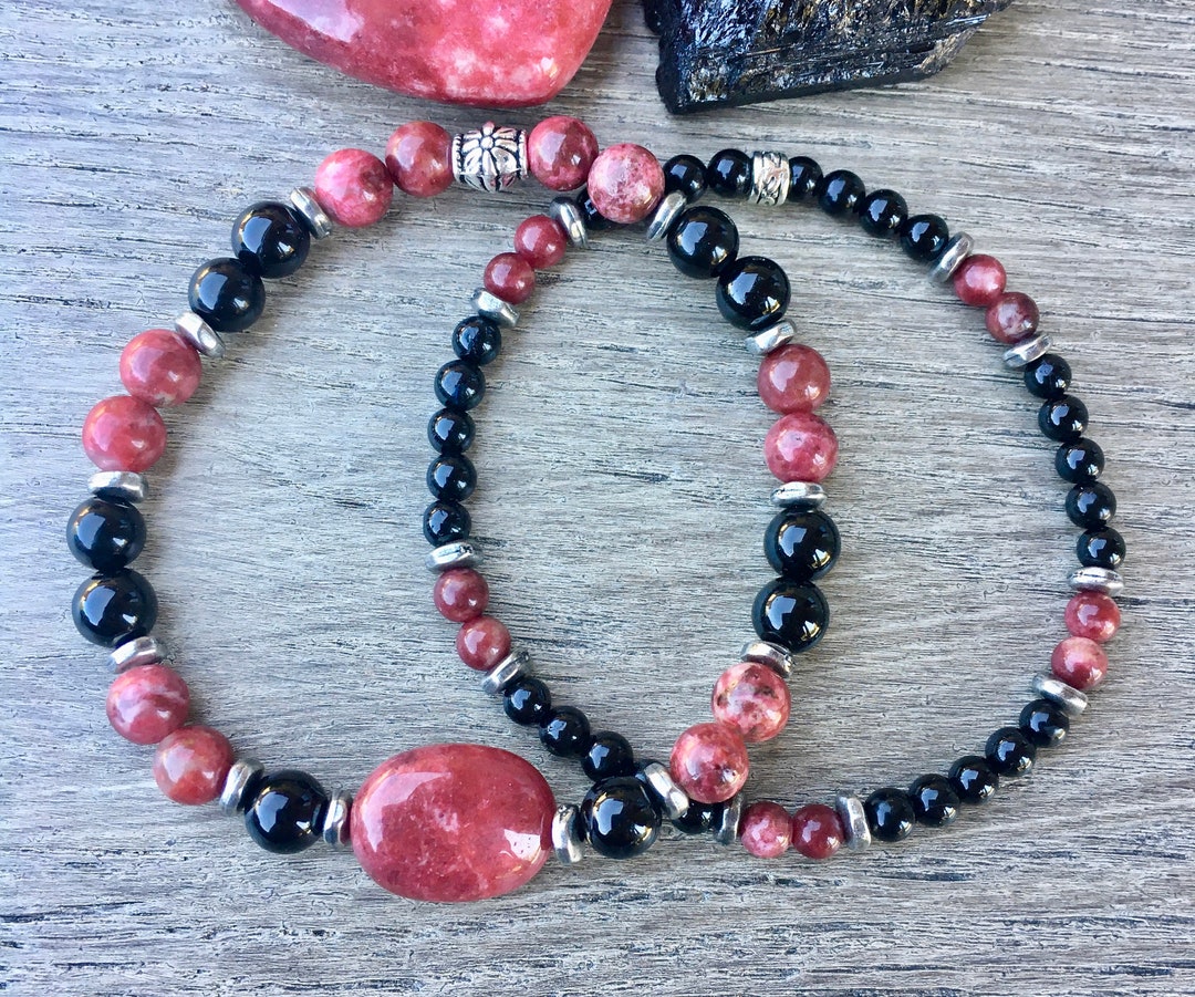 Thulite & Black Tourmaline Stretch Bracelet Duo Stack, Norwegian ...