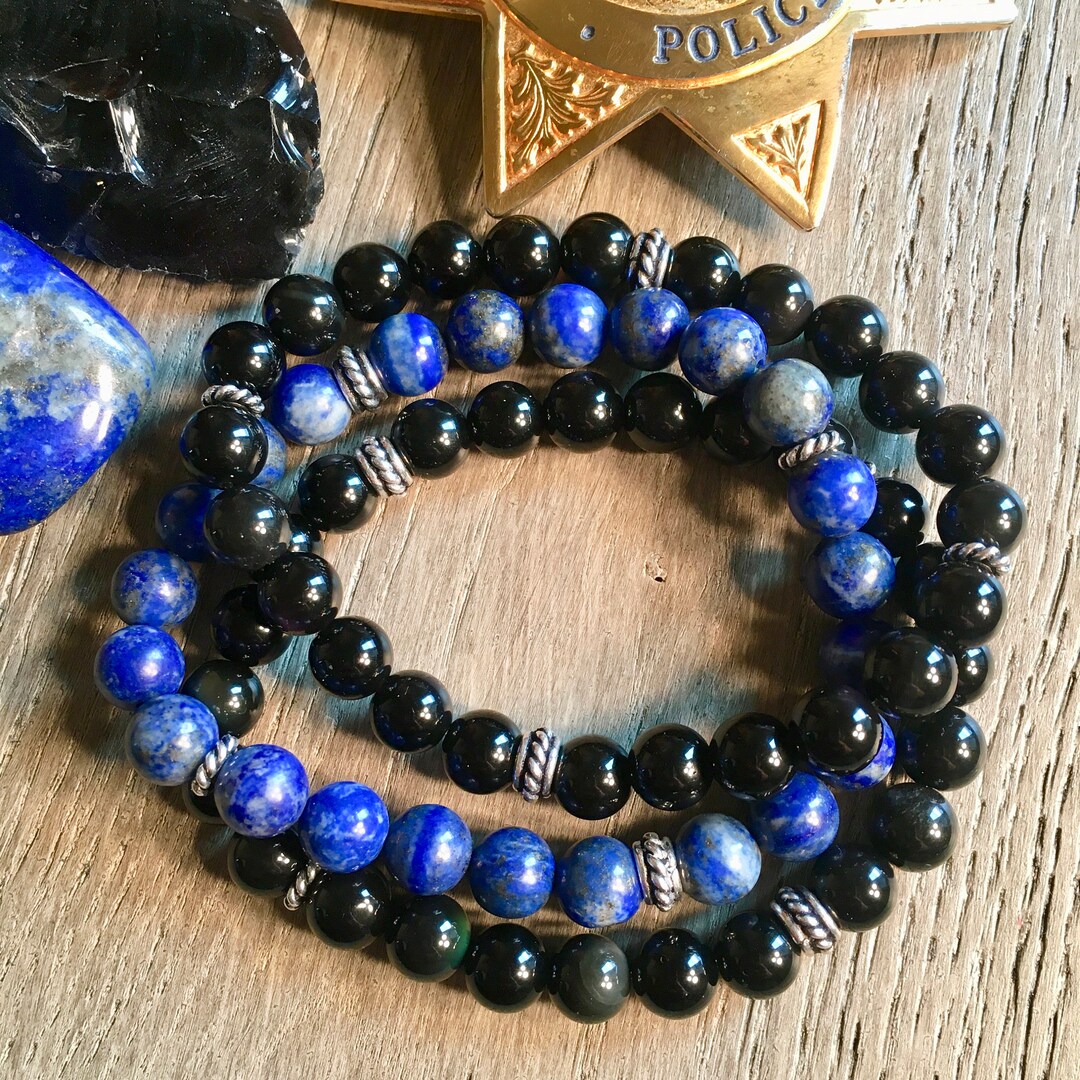 THIN BLUE LINE Stone Bracelet Stack Black Obsidian & Lapis - Etsy