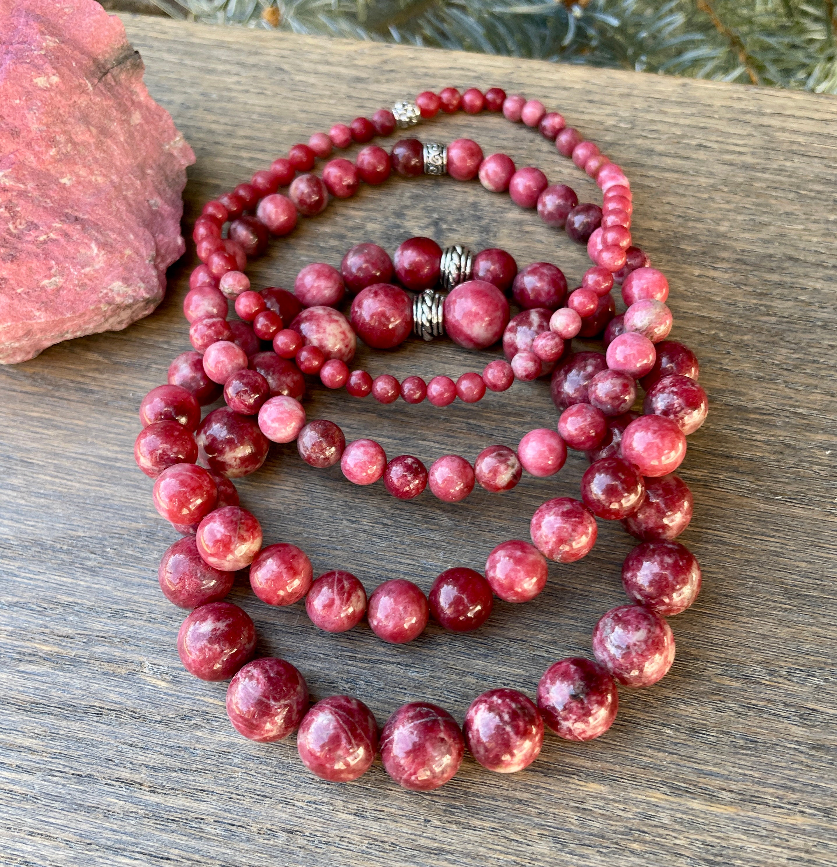 NORWEGIAN THULITE BRACELET, Choice, 10mm, 8mm, 6mm, 4mm, Round Natural ...