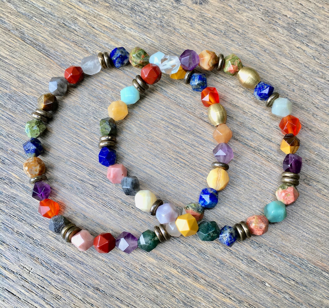 MIXED GEMSTONE BRACELET 6mm Star Cut, Beaded Stretch, Crystal Genuine ...