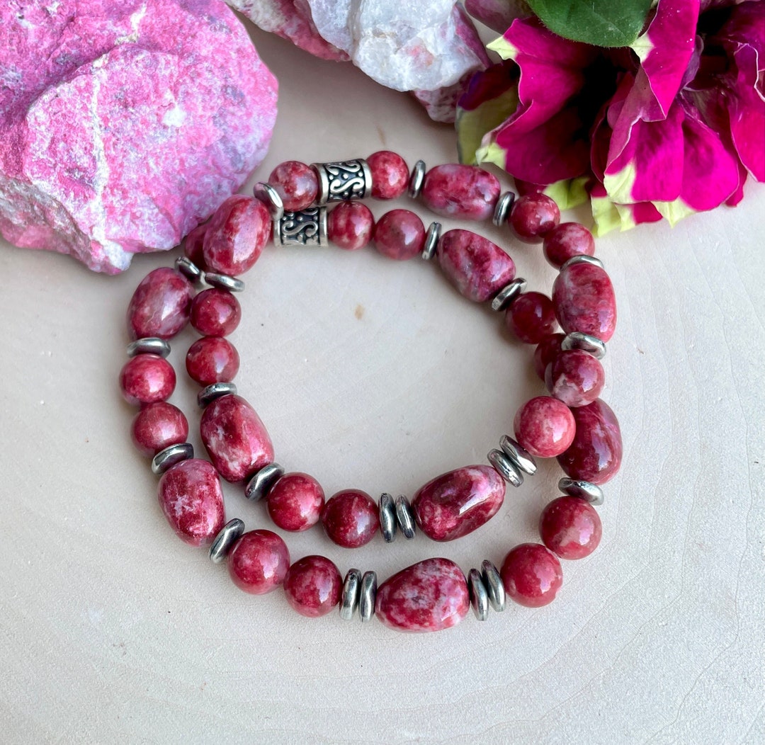 NORWEGIAN THULITE BRACELET, Nugget & 8mm Round Natural Stone Beads ...