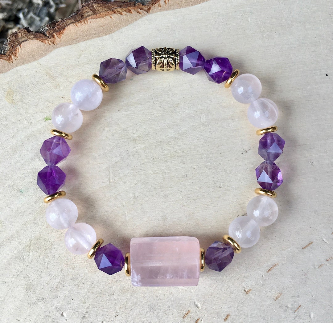 Rose Quartz & Amethyst Stretch Bracelet, Gold Accents, Natural Gemstone ...
