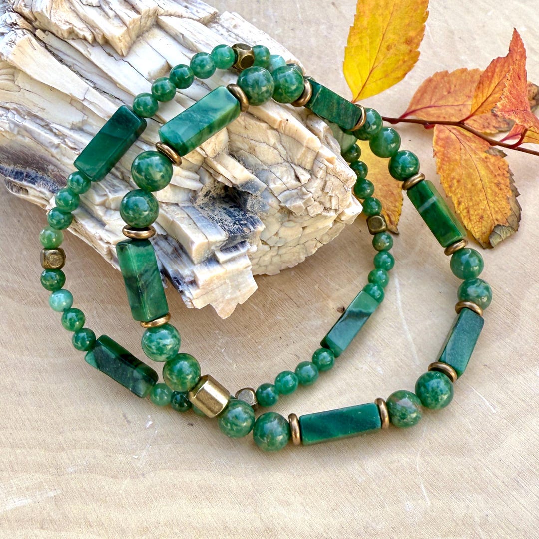 AFRICAN GREEN JADE Bracelet Duo Stack With Rustic Brass, Natural Stone ...