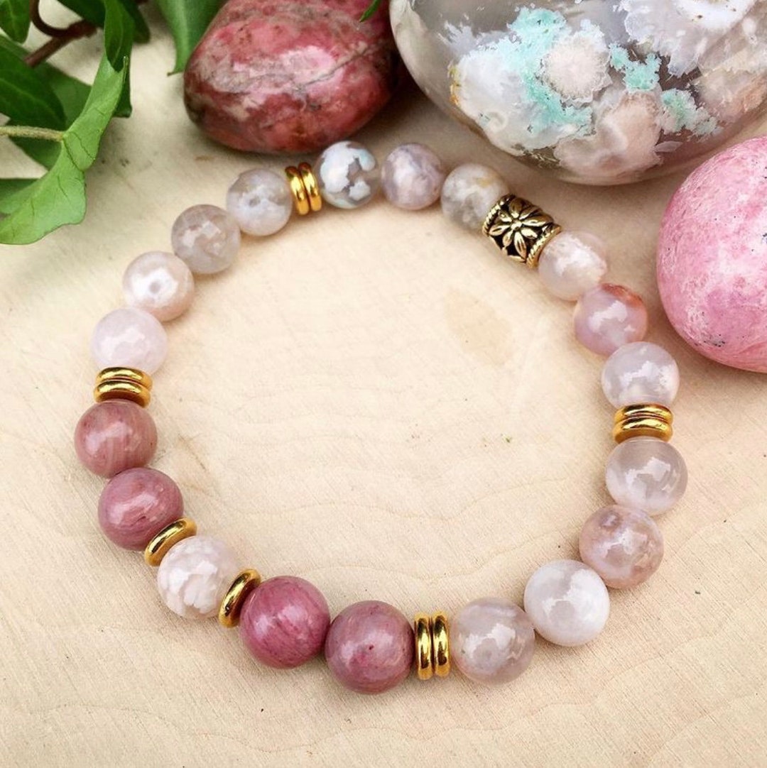 FLOWER AGATE & Petrified RHODONITE Beaded Bracelet, Gold Accents ...