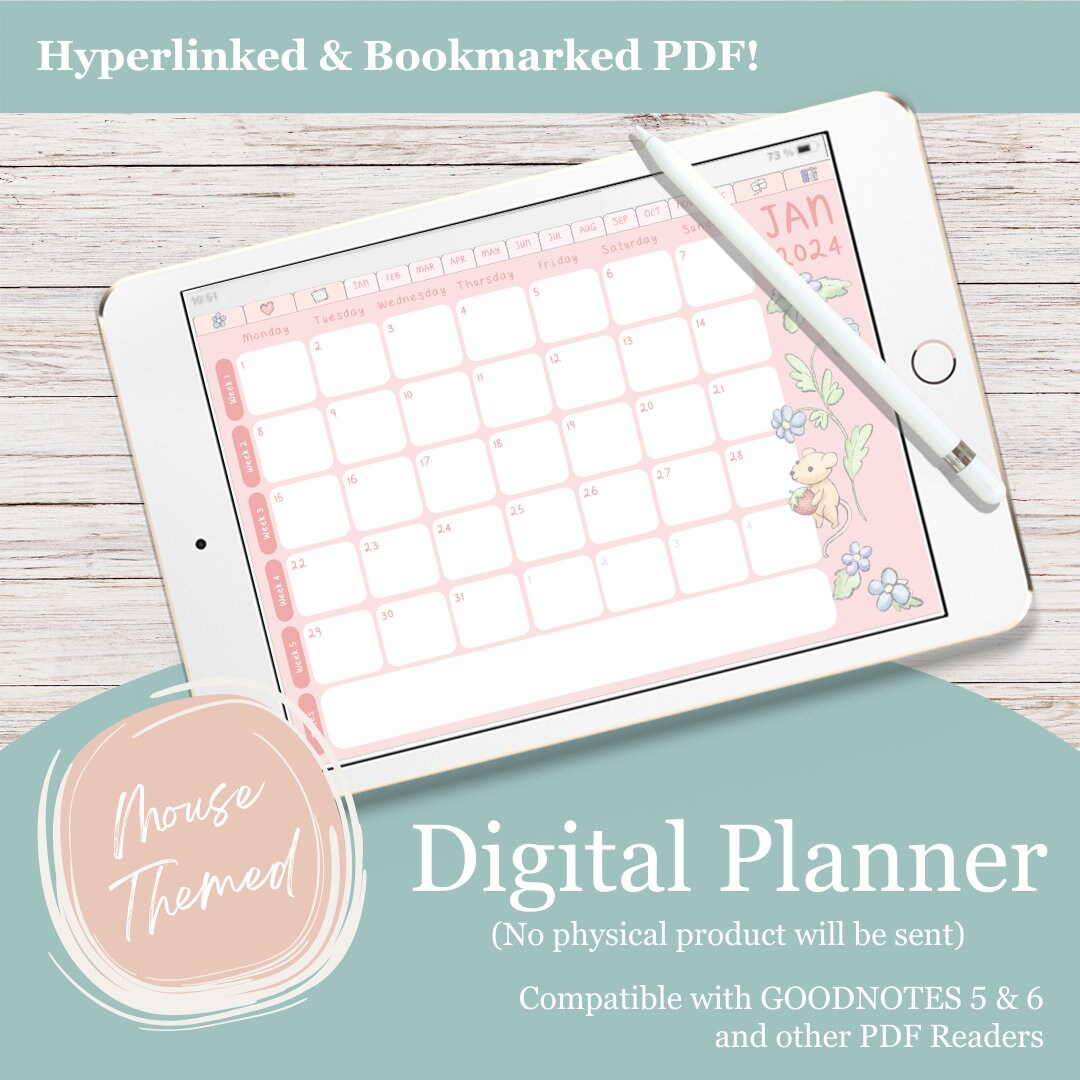 Mouse LITE 2024 Digital Planner YEAR & MONTH Calendar 2024 Hyperlinked ...