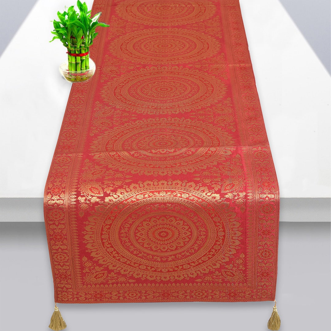 Brocade Table Runner: Indian Mandala Design, Rustic Home Decor (60x16 ...