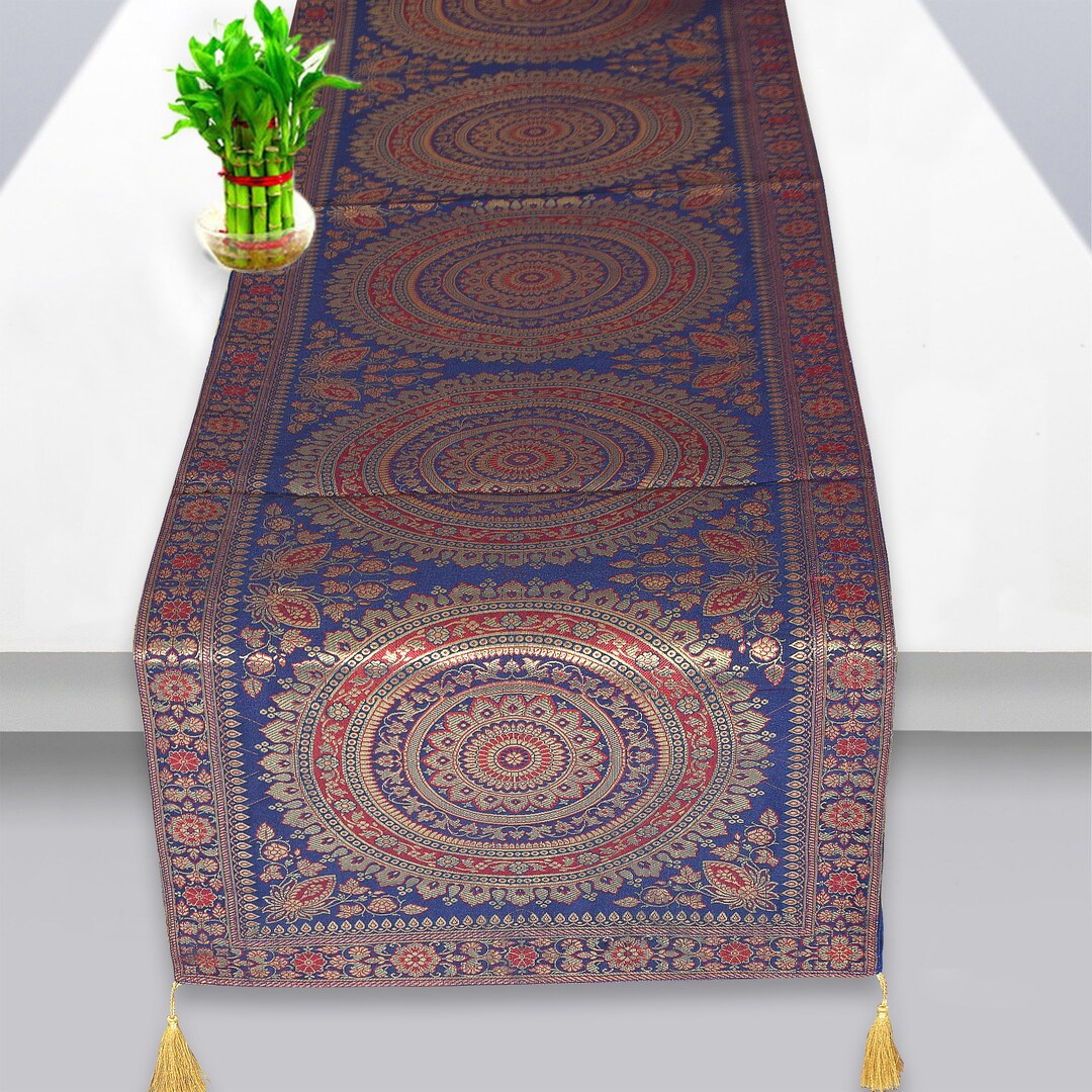 Silk Brocade Table Runner: Indian Mandala Design, Rustic Decor (60x16 ...