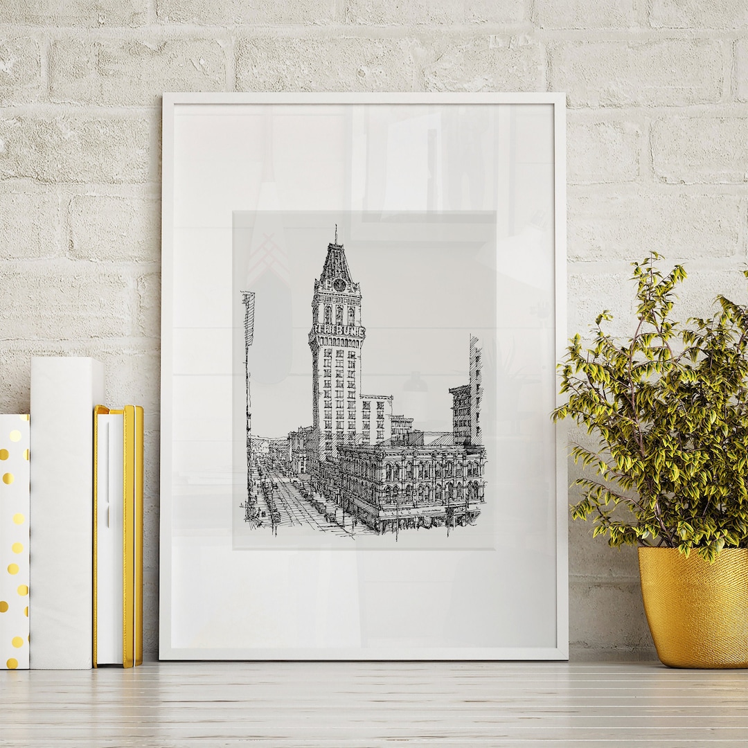 Oakland Architecture Sketch, Tribune Tower Drawing, BW City ...